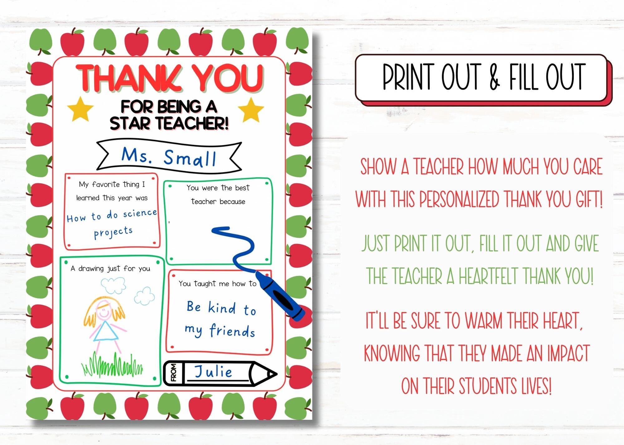 Teacher Appreciation Thank You Apple Printable | Perfect School Gift by ...