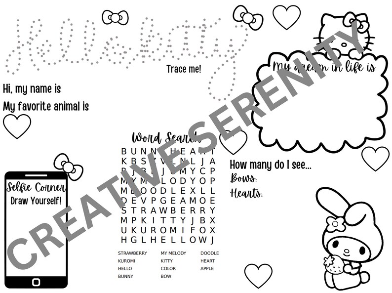 Kawaii Kitty Activity Page Printable Worksheet for Drawing Coloring ...