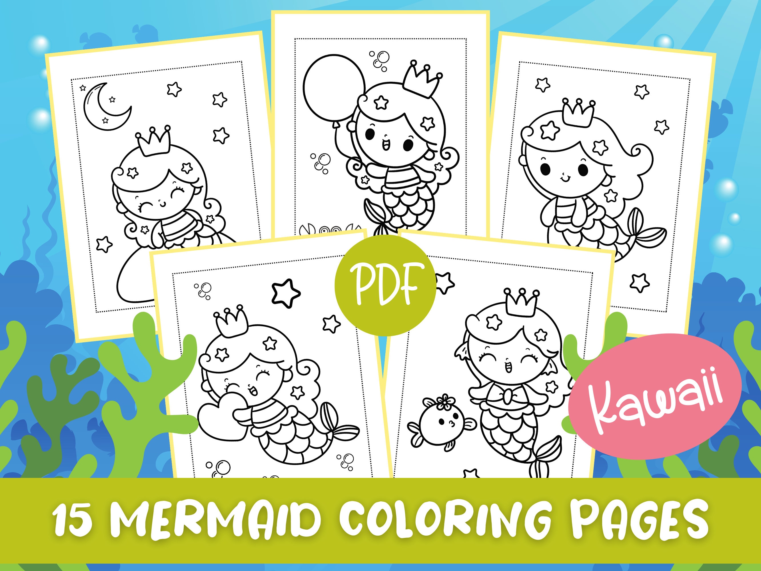 Kawaii Mermaid Coloring Pages, Mermaid Coloring Book, Mermaid Coloring ...