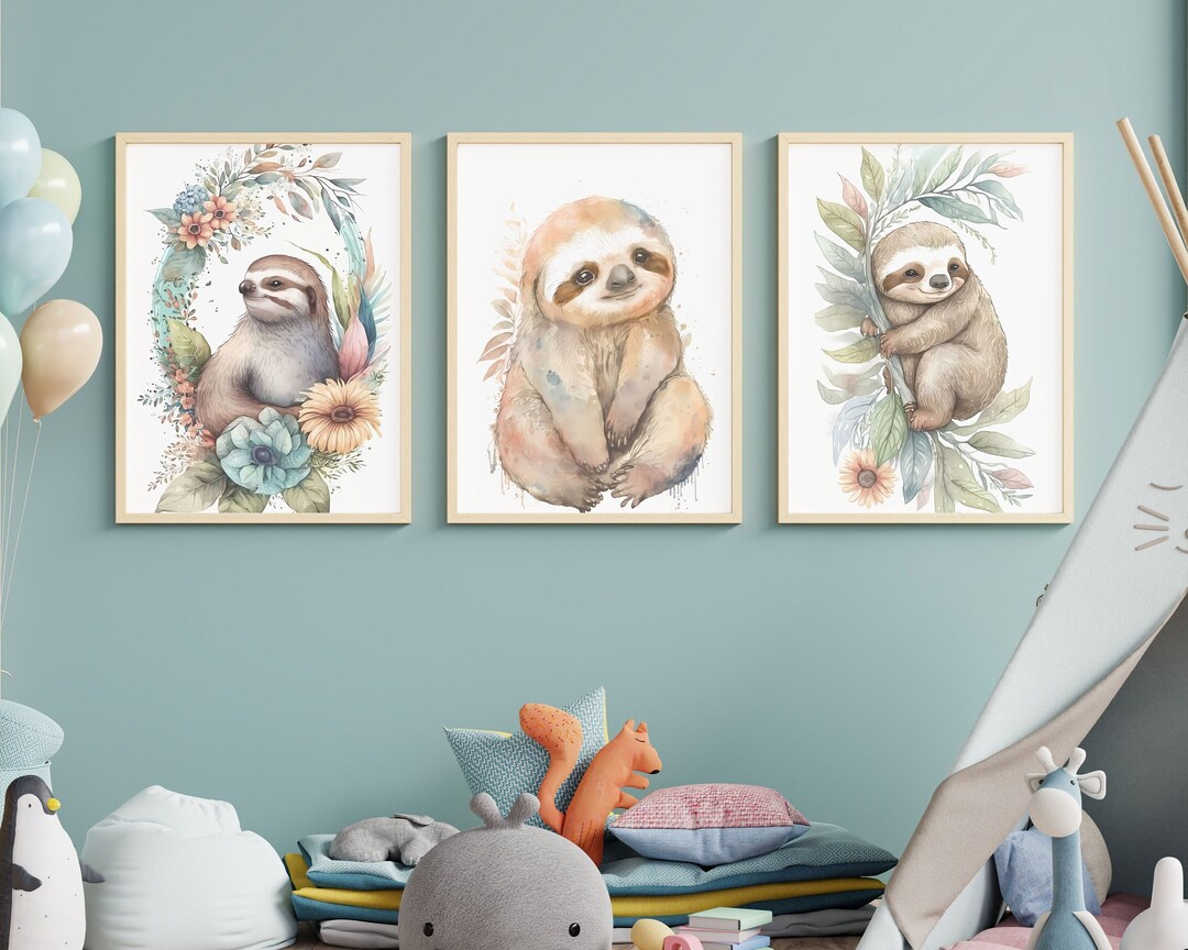 Set of 3 Sloths Watercolor PRINTABLE ART Baby Sloth Animal Print Animal ...
