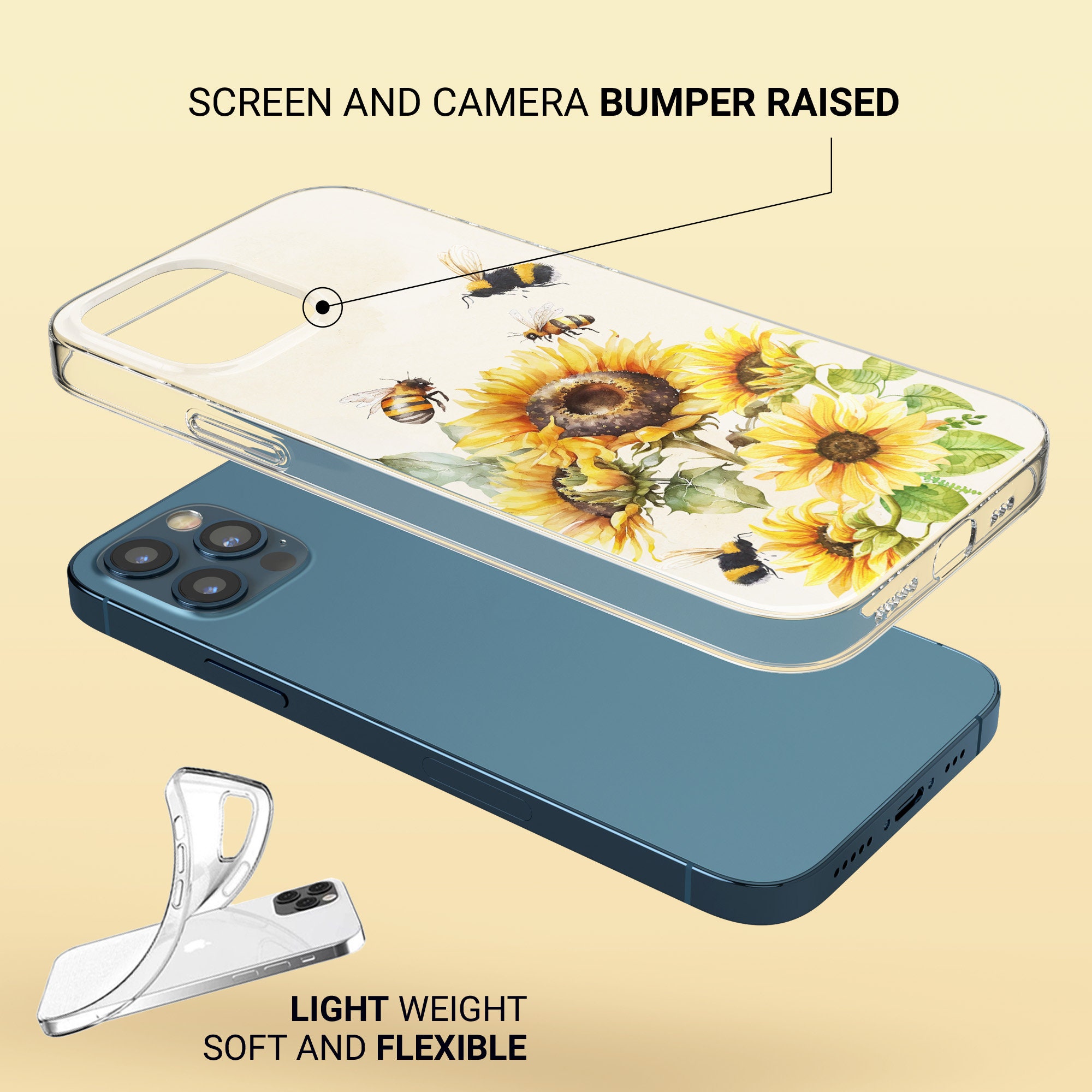 Bee Phone Case Bumblebee Yellow Cover for iPhone 15, 14, 13, 12, 11 ...