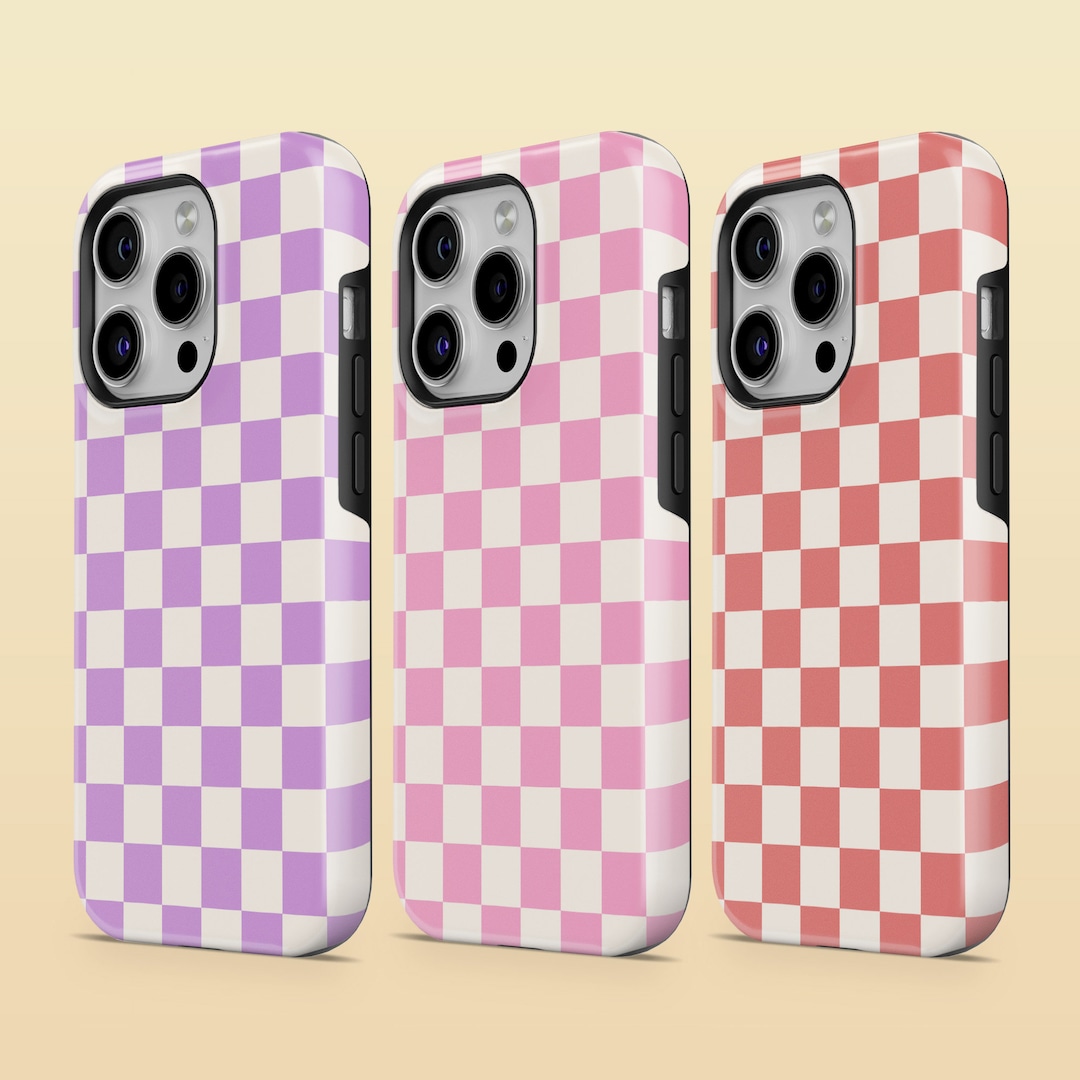 Tough Pink Checkered Phone Case Warm Tone Cover for iPhone 15, 14, 13, 12, 11, Google Pixel 8 ...