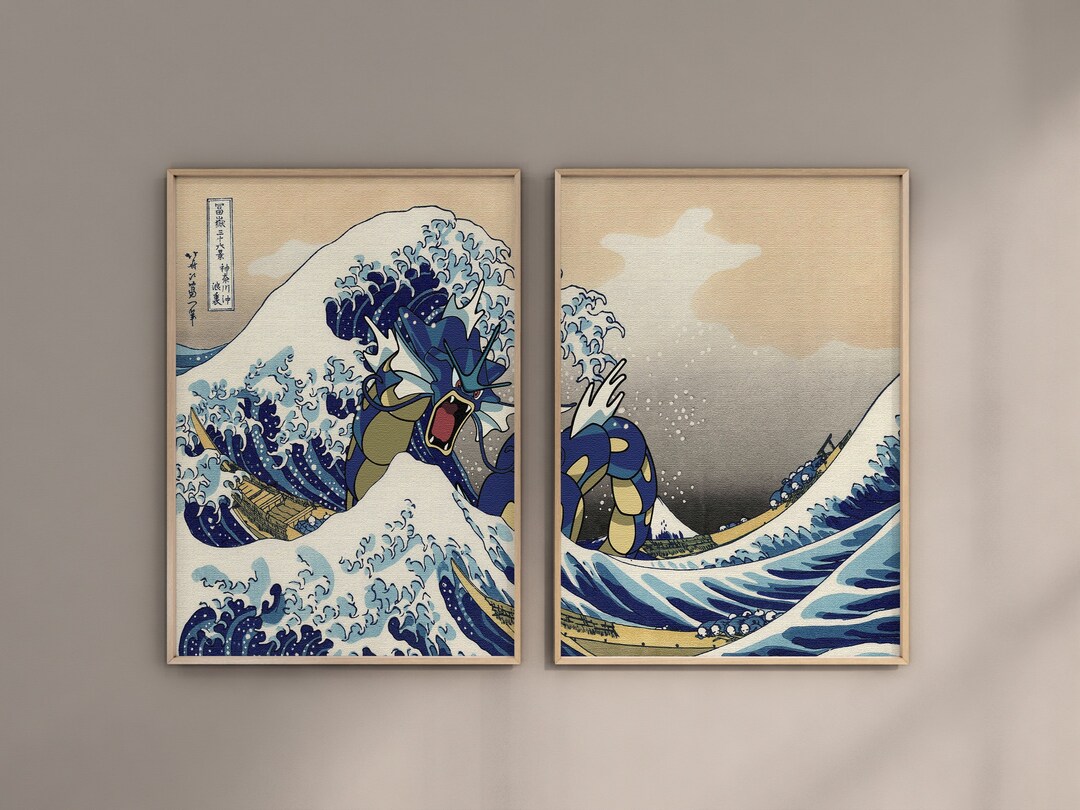 Pokemon Poster Framed Set of 2 Wall Art Print, Gyarados the Great Wave ...