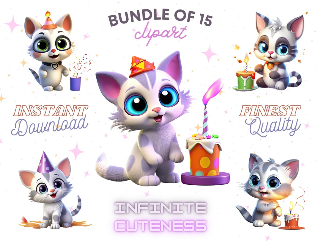 Birthday Cat Clipart, Birthday Cats Png Bundle, Cute Cat Party Clipart ...