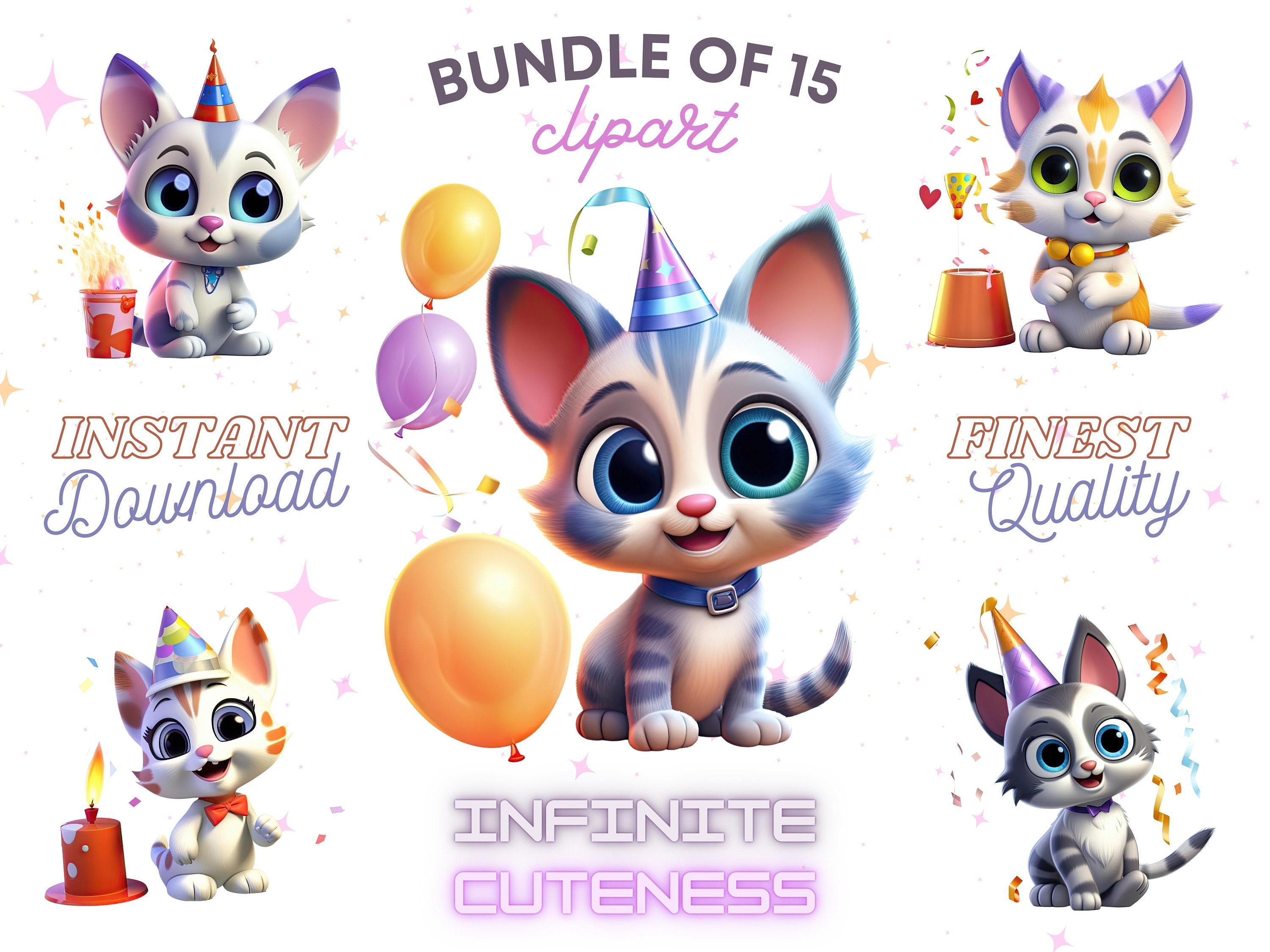 Birthday Cat Clipart, Birthday Cats Png Bundle, Cute Cat Party Clipart ...