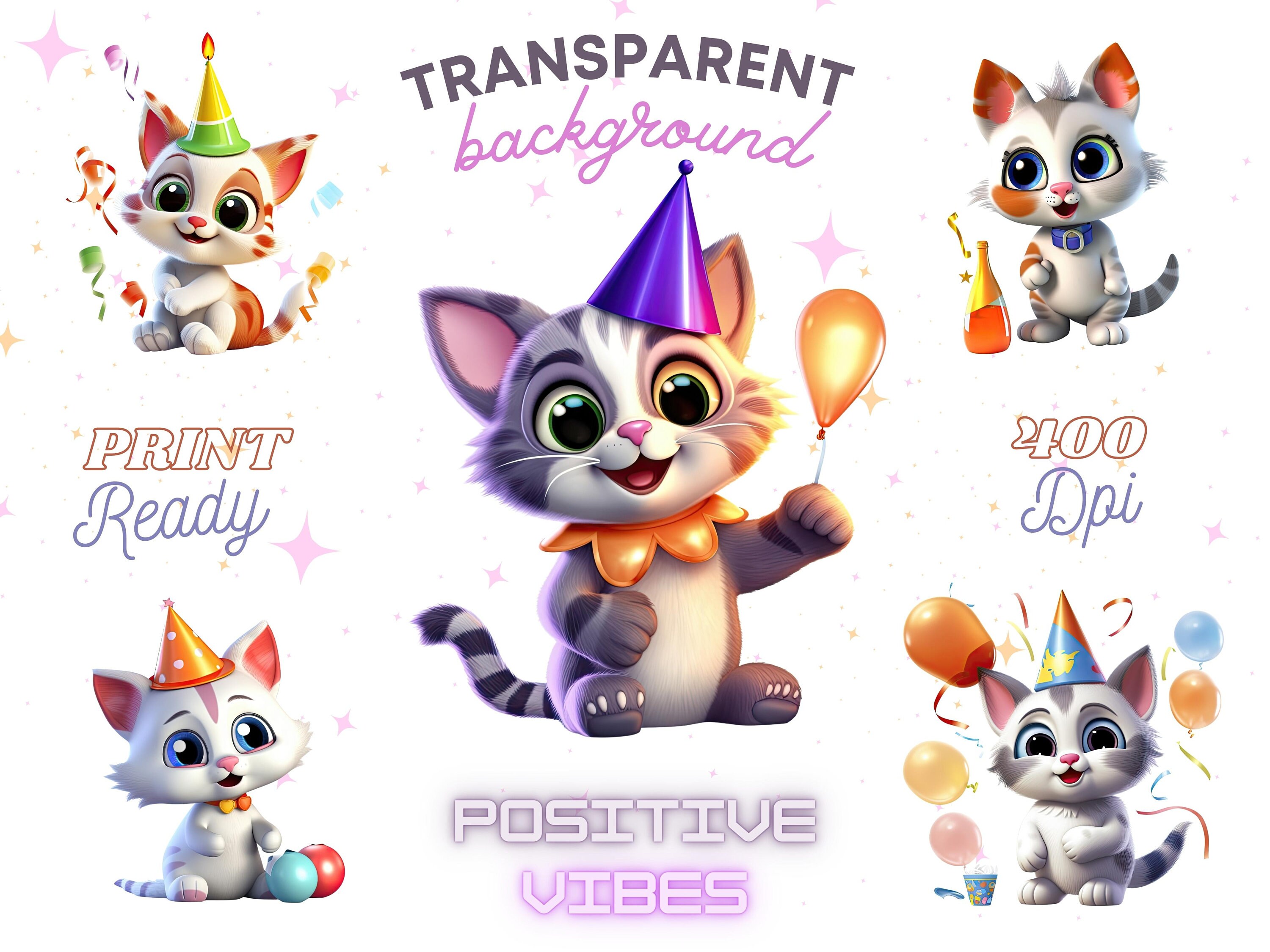 Birthday Cat Clipart, Birthday Cats Png Bundle, Cute Cat Party Clipart ...