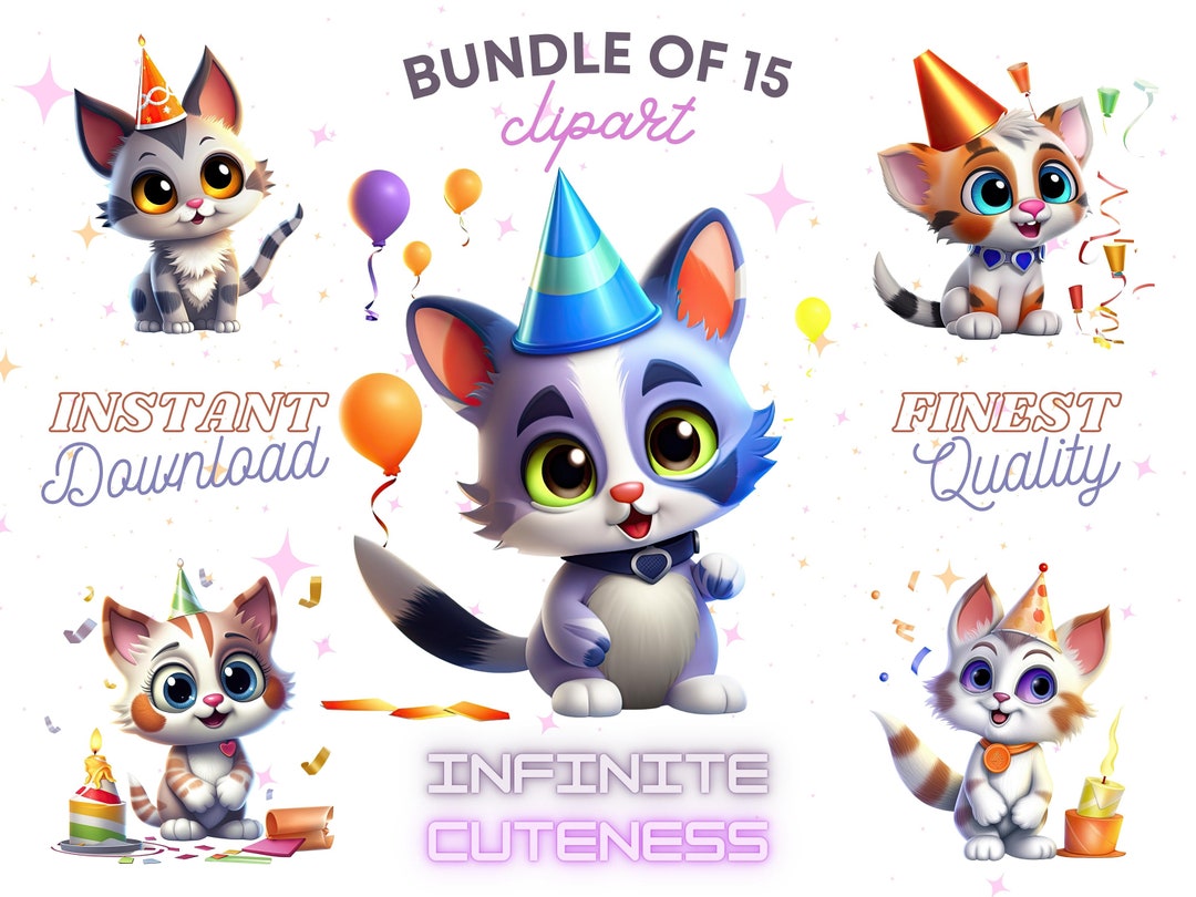 Birthday Cat Clipart, Birthday Cats Png Bundle, Cute Cat Party Clipart ...