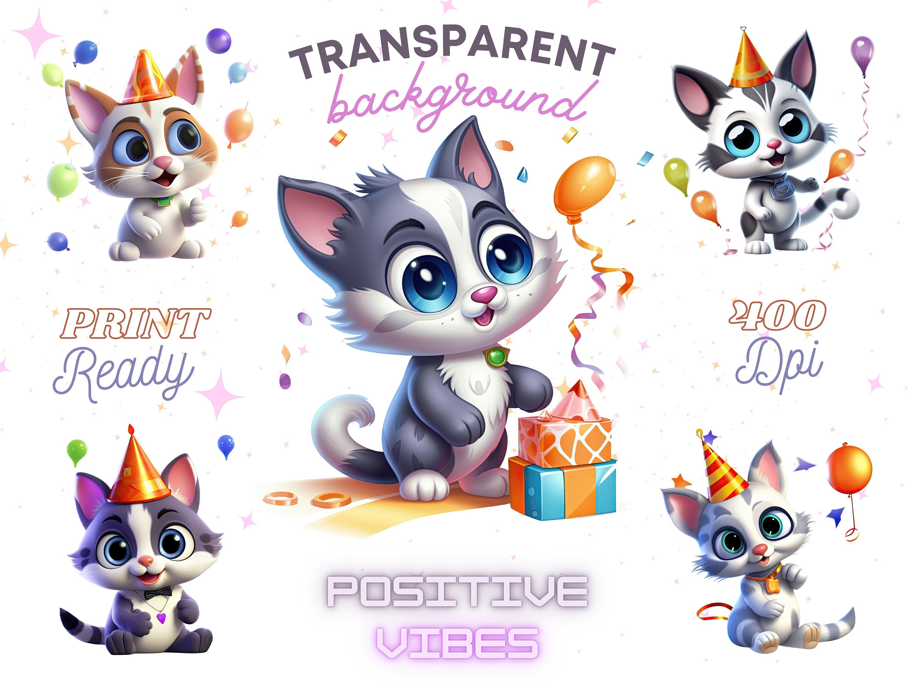 Birthday Cat Clipart, Birthday Cats Png Bundle, Cute Cat Party Clipart ...