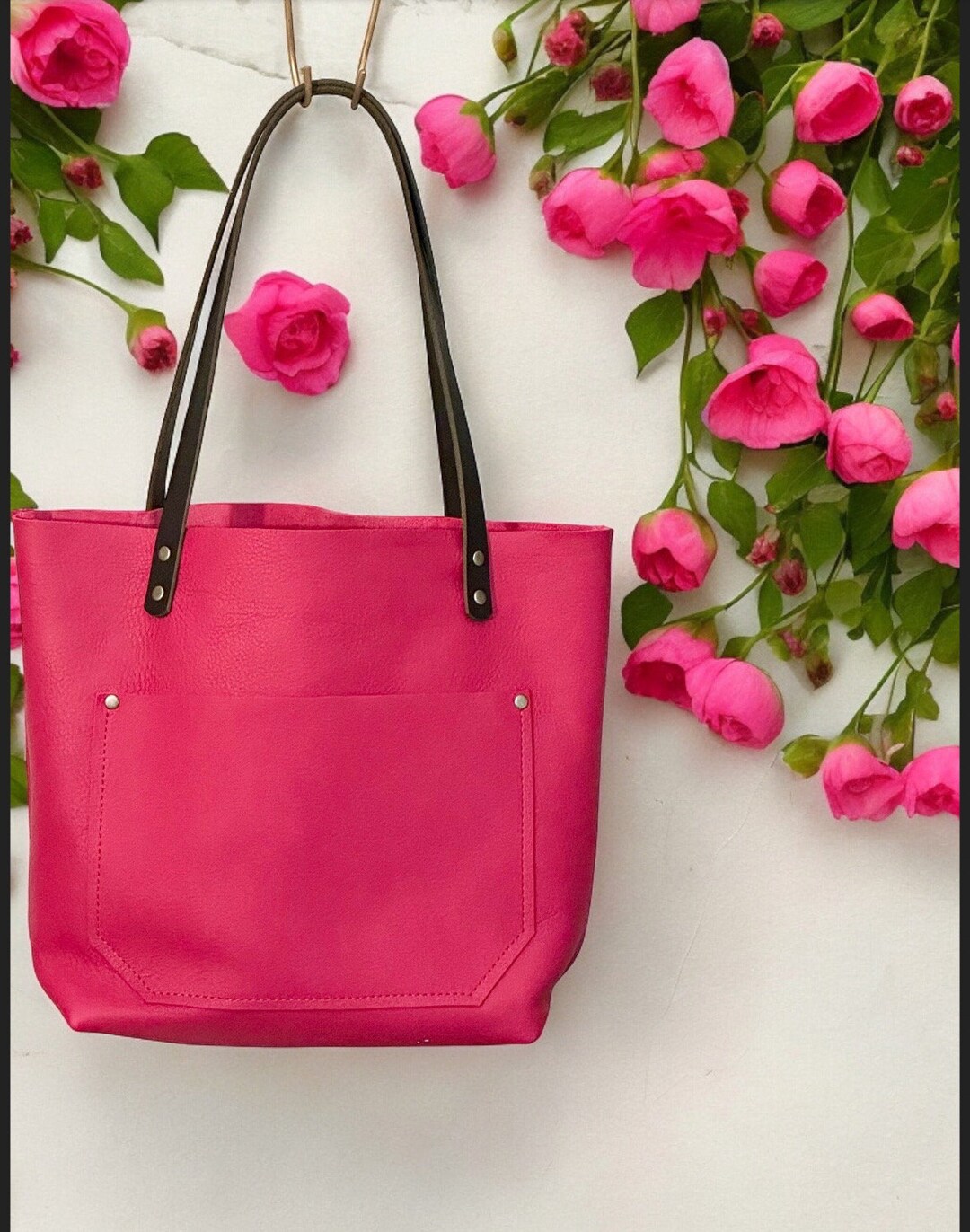 Full Grain Real Leather Zipper Spring Pink Leather Tote Bags-small ...