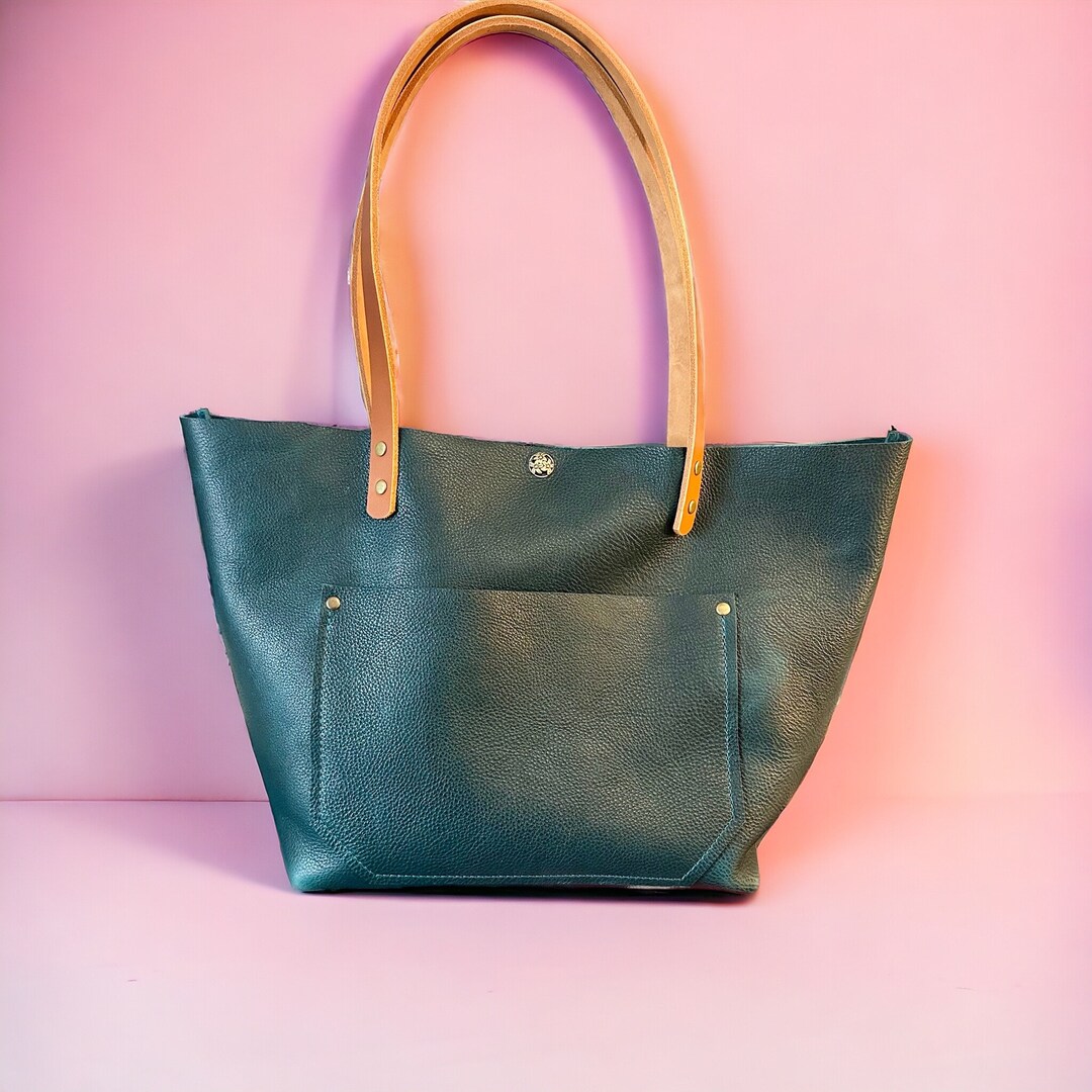 Full Grain Real Leather Dark Teal Leather Classic Tote Bags-small ...