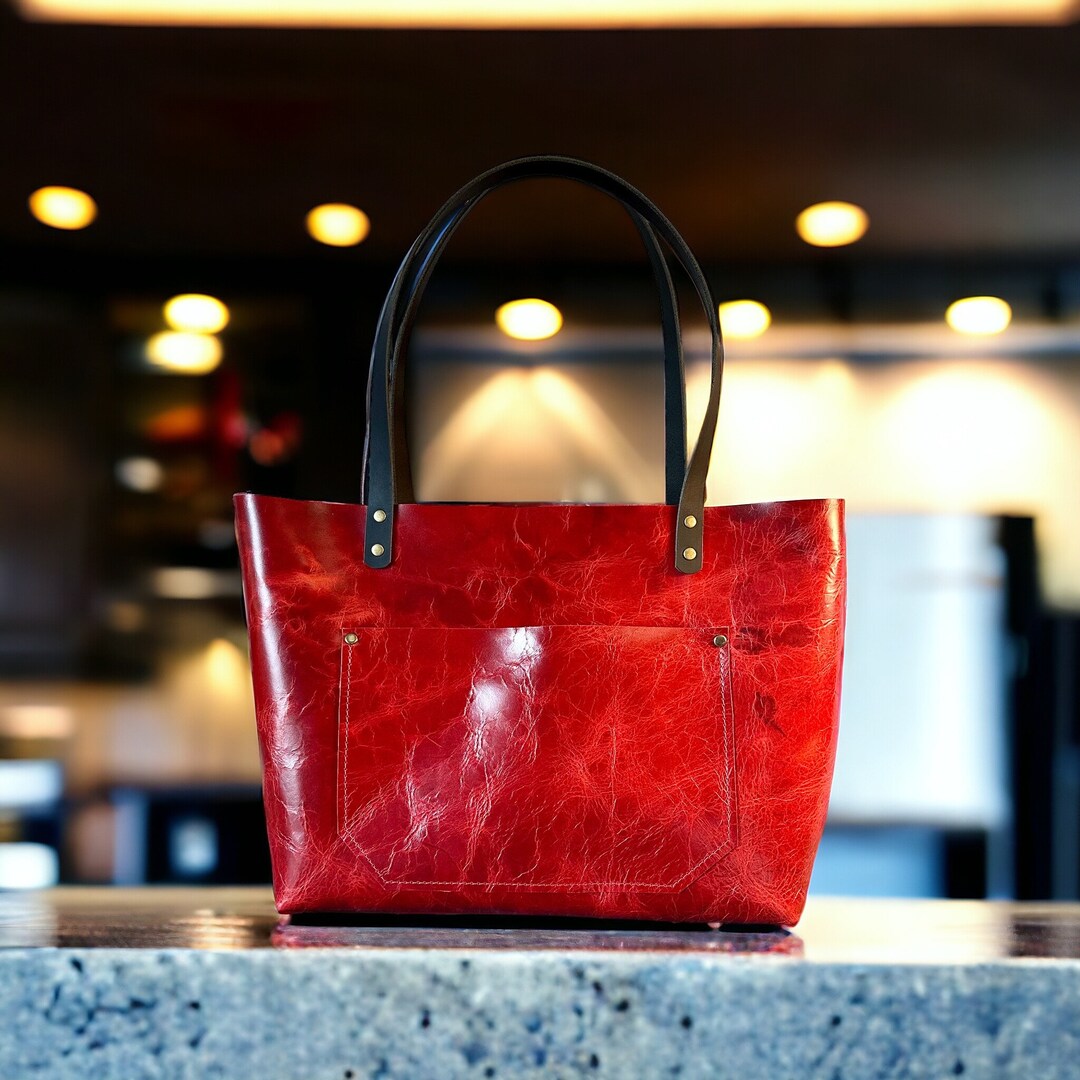 Genuine Real Leather Flaming Red East-west Leather Classic Tote Bags - Etsy
