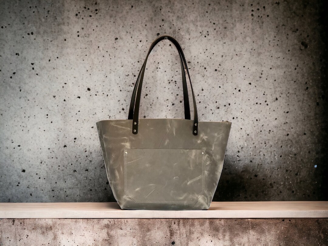 Genuine Real Leather Zipper Slate Grey Leather Tote Bags-small-medium ...
