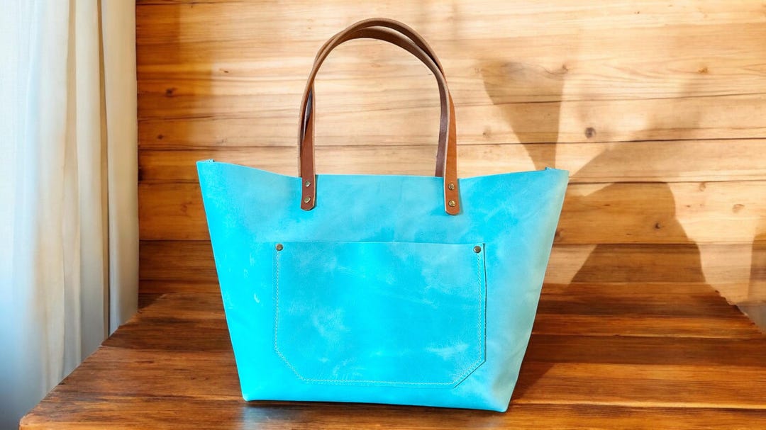 Full Grain Real Leather Authentic Aqua Leather Classic Tote Bags-small ...