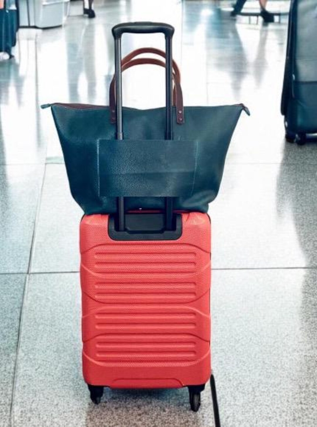 Full Grain Real Zipper Dark Teal Leather Travel Tote Bags With Trolly ...