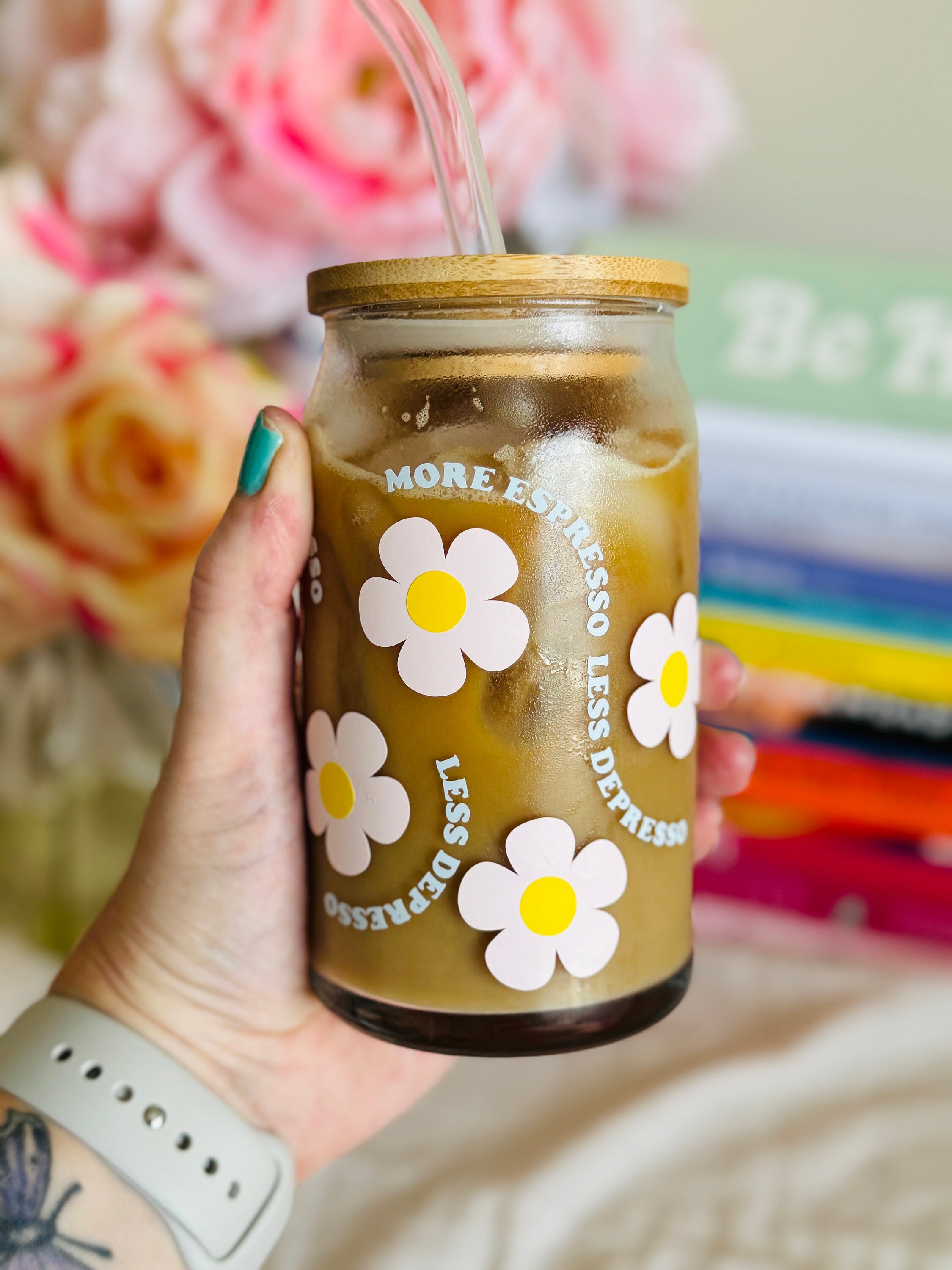 More Espresso Less Depresso Glass, Iced Coffee Can Cup, Trendy Tumbler ...