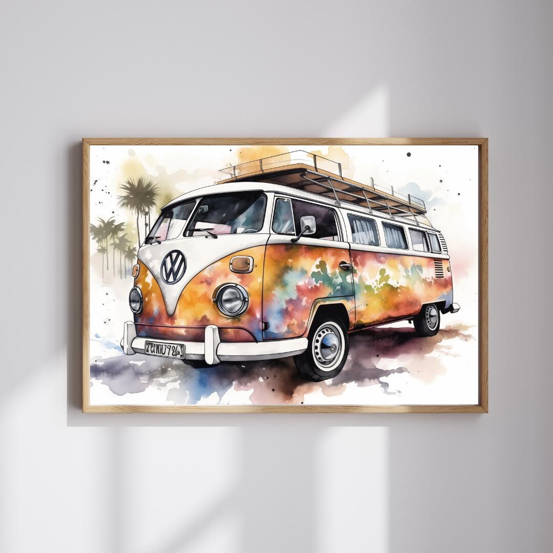 VW Microbus Classic Rainbow, LA, 80s, Vintage Cars, Classic Cars, Print ...