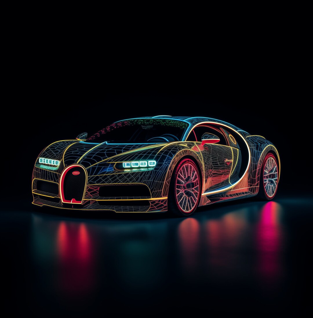 Bugatti Neon Style Digital Art Sports Car Wall Art Home Decor Printable ...