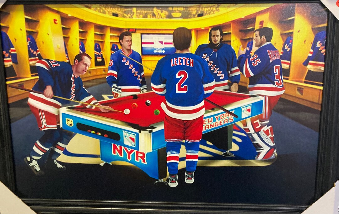 New York Rangers Great Players in Locker Room Playing Pool. Painting Re ...