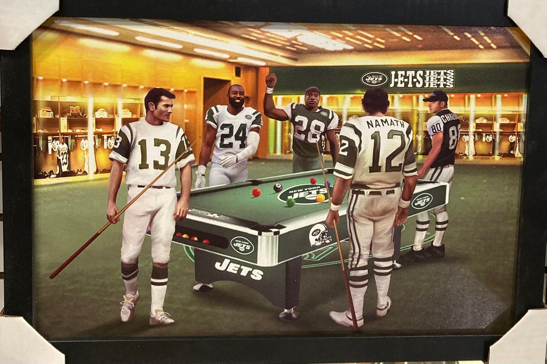 New York Jets Players in Locker Room Around Pool Table. Painting ...