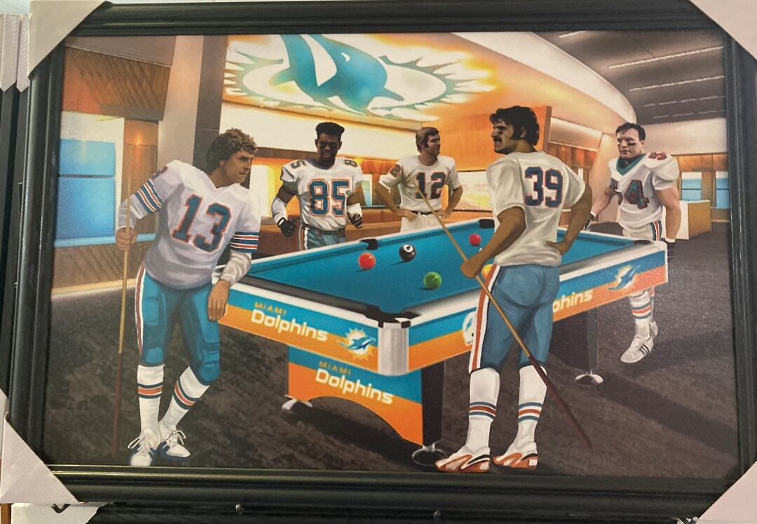 Miami Dolphins Great Players in Locker Room Shooting Pool. Painting Re ...