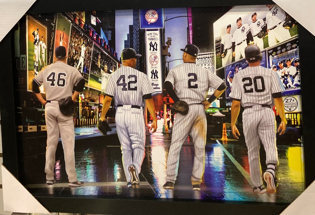 New York Yankees, Core 4 in Times Square , Painting Reprint. Black ...
