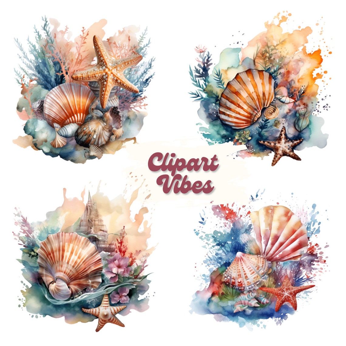 Watercolor Seashell Clipart Beach Clipart Bundle Ocean Sea - Etsy