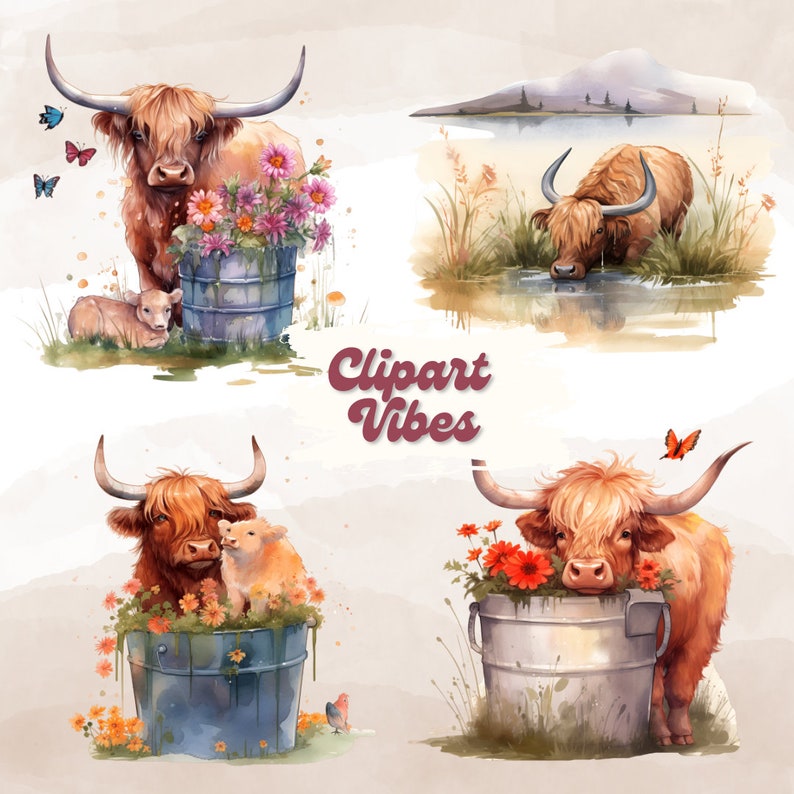 Highland Cow Clipart Watercolor , Cute Cow Clip Art With Sunflowers for ...