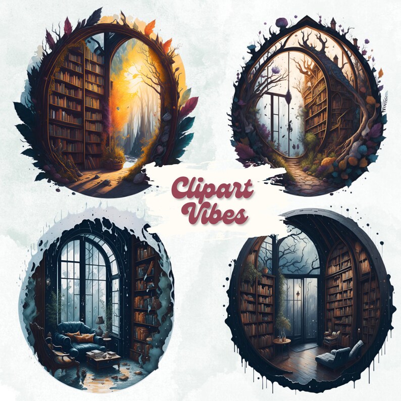 Watercolor Clipart Cozy Home Library Clipart Bundle Magic Bookshelf ...