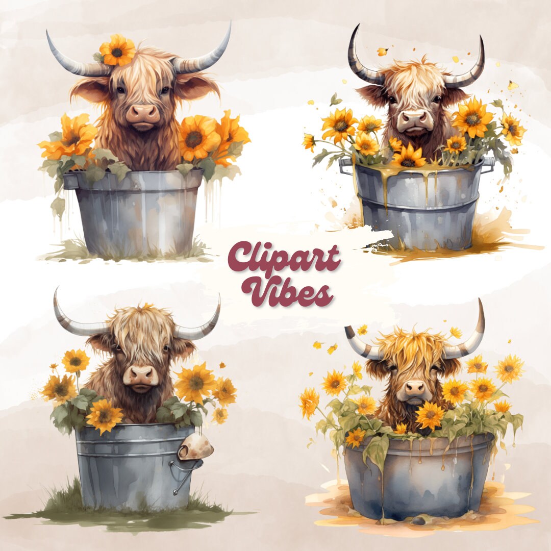 Highland Cow Clipart Watercolor , Cute Cow Clip Art With Sunflowers for ...