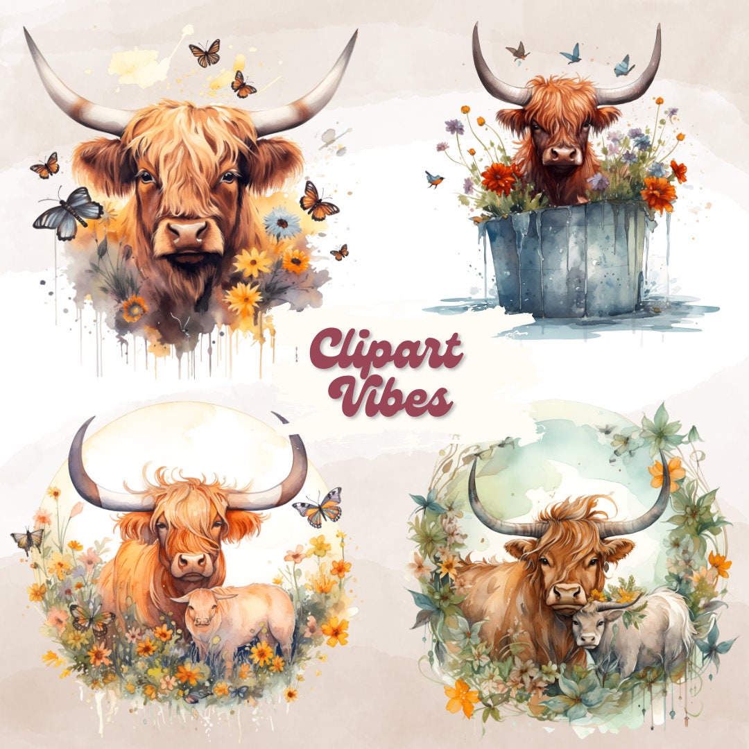 Highland Cow Clipart Watercolor Cute Cow Clip Art With - Etsy