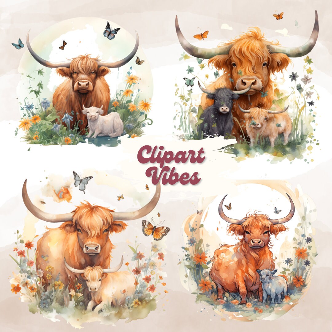 Highland Cow Clipart Watercolor , Cute Cow Clip Art With Sunflowers for ...