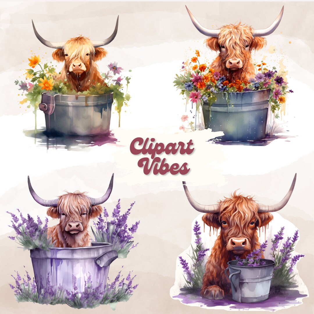 Highland Cow Clipart Watercolor , Cute Cow Clip Art With Sunflowers for ...