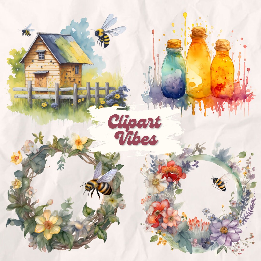 Cute Bee and Honey Watercolor Clipart Spring Bee and Garden Clipart PNG ...