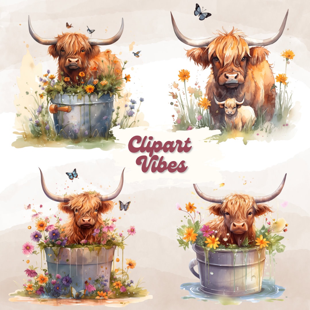 Highland Cow Clipart Watercolor Cute Cow Clip Art With - Etsy