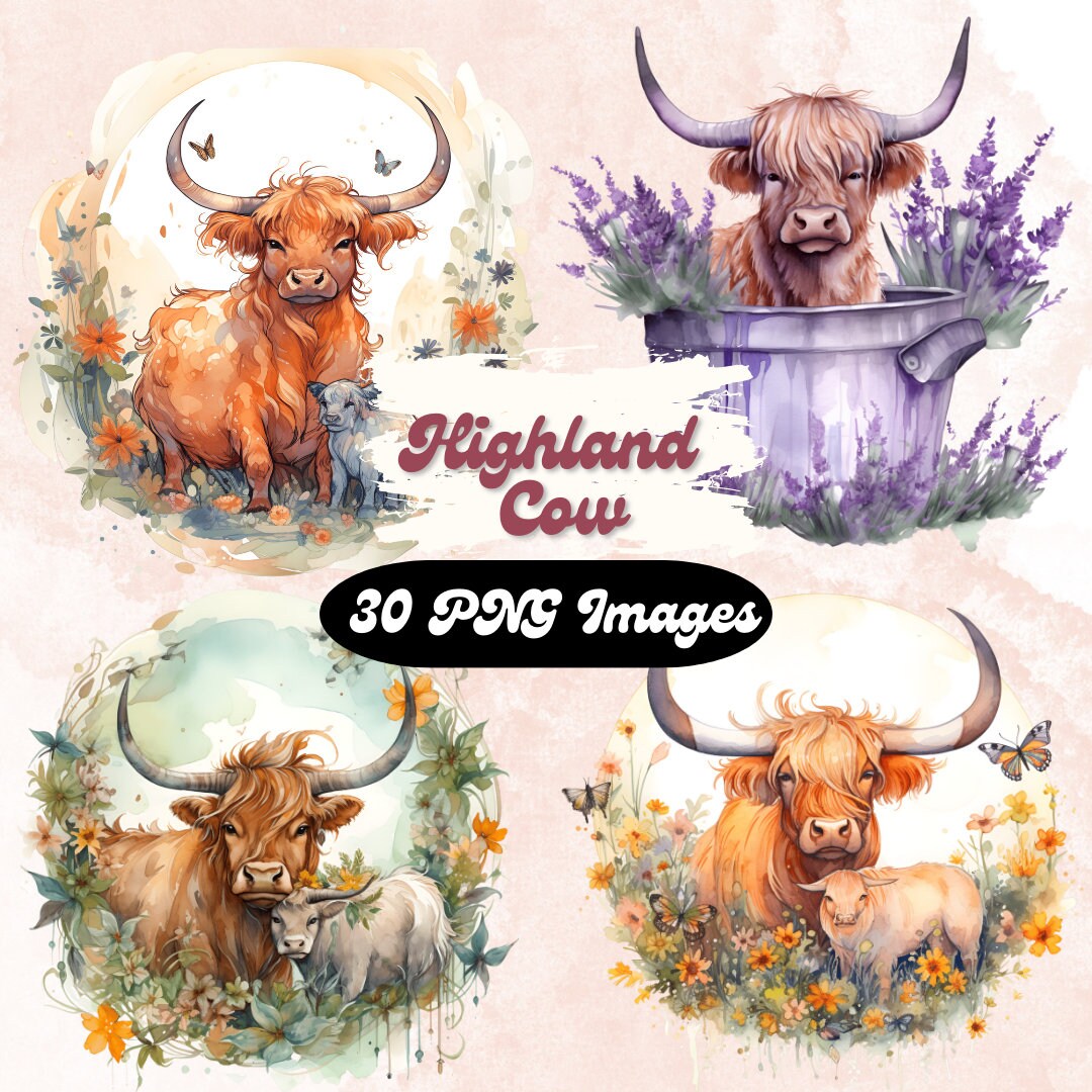 Highland Cow Clipart Watercolor , Cute Cow Clip Art With Sunflowers for ...