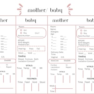 Mother/ Baby Report Sheet / Postpartum Report Sheet / Mother Baby ...