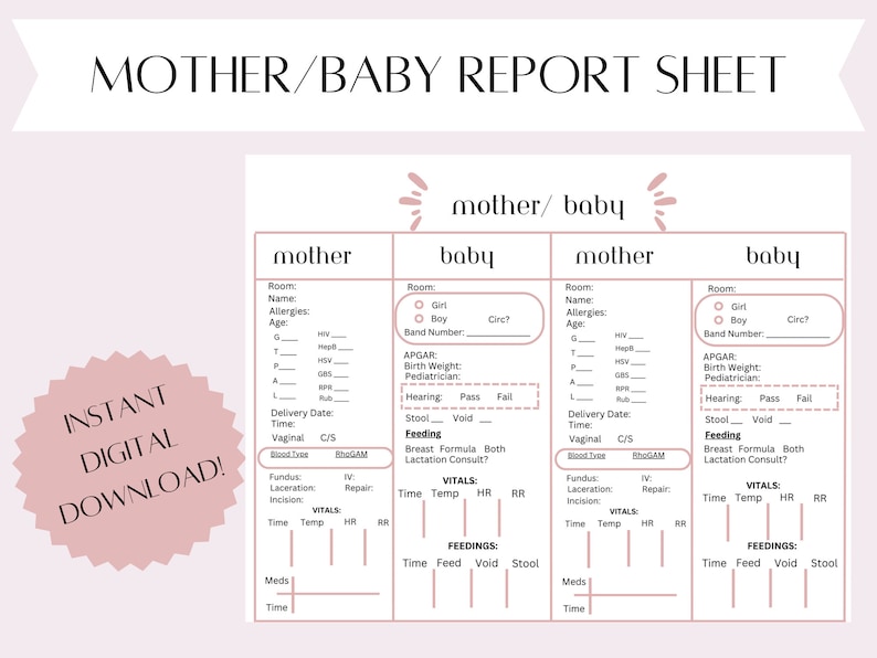 Mother/ Baby Report Sheet / Postpartum Report Sheet / Mother Baby ...