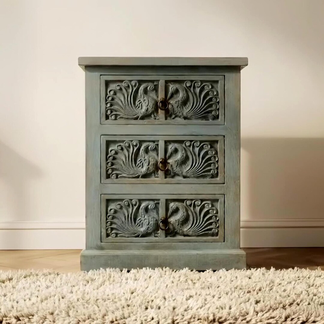 Hand Carved Wooden Chest | Peacock Carved Bedside Table | Blue Rustic ...