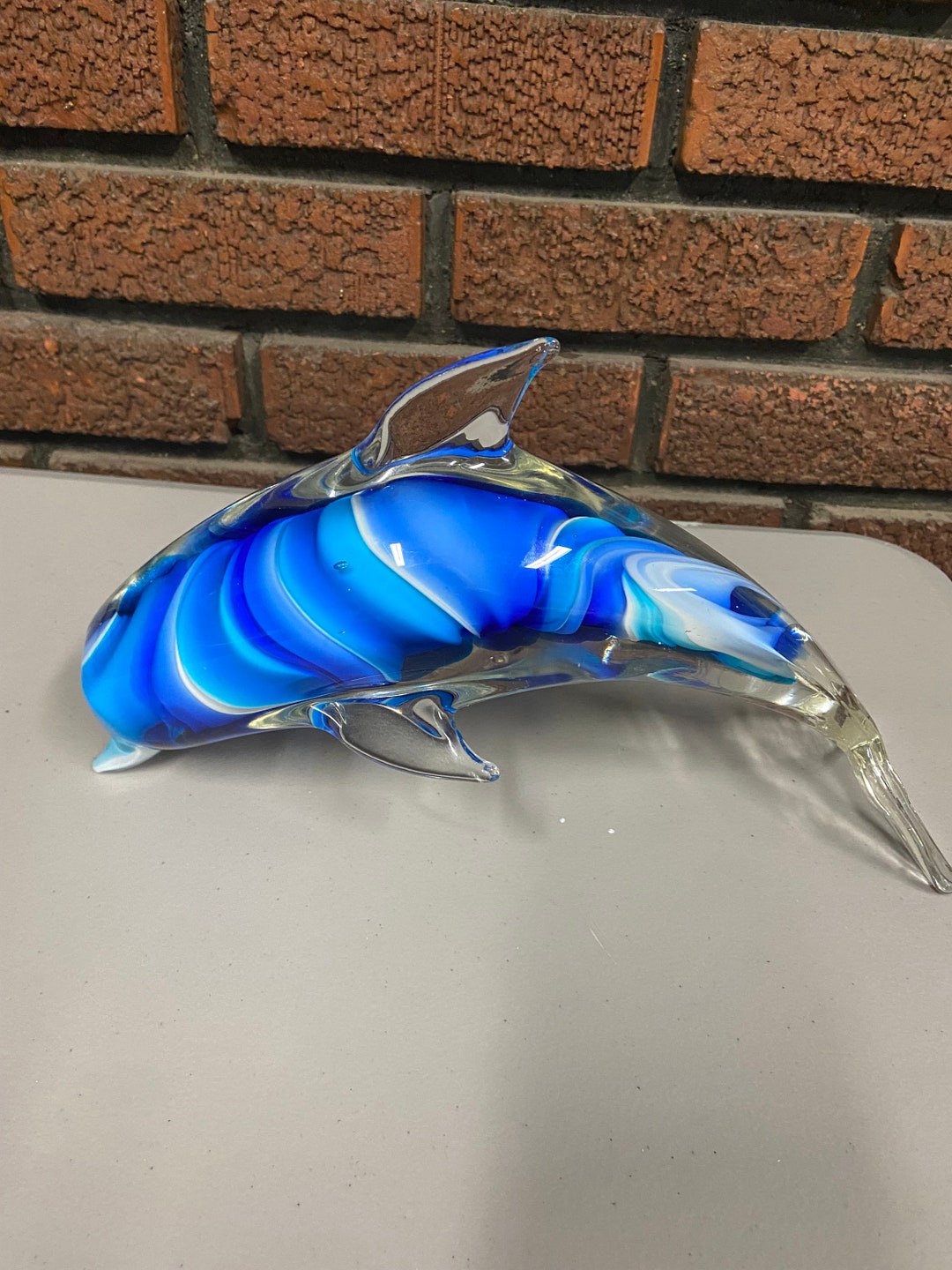 Art Glass Dolphin Paperweight Figurine Blue Swirl Strip Hand Blown 11 ...
