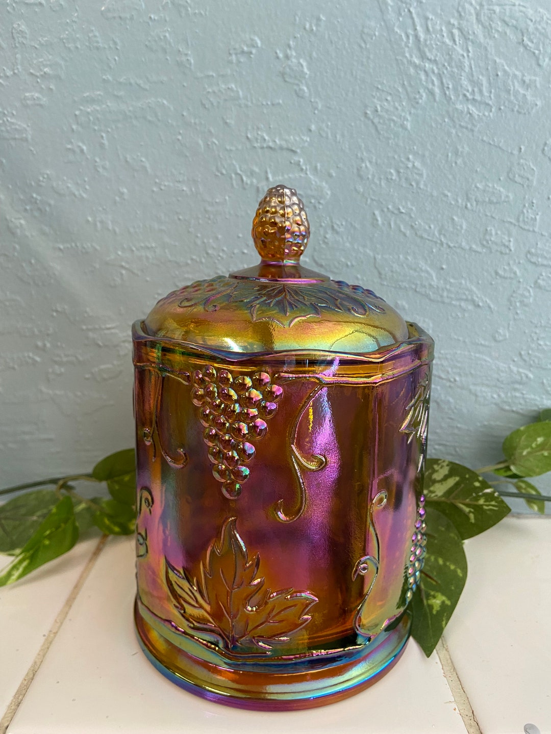 Indiana Carnival Marigold Glass Harvest Grape Container Jar W/lid 7.5"h ...