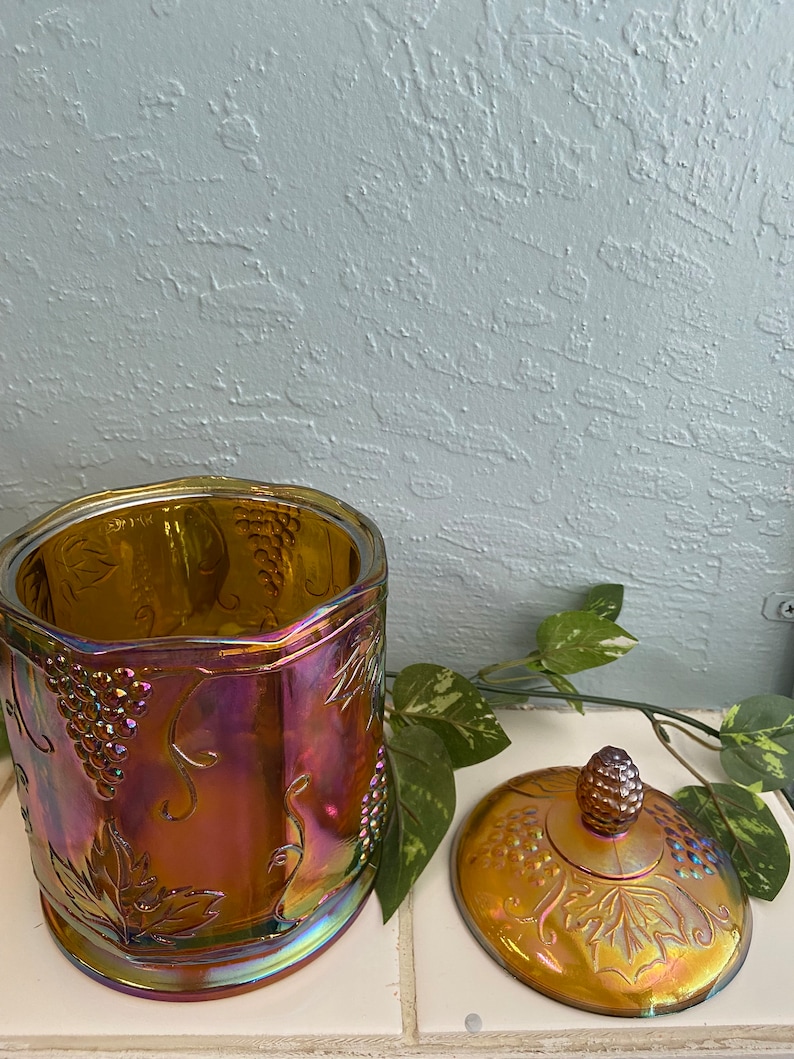 Indiana Carnival Marigold Glass Harvest Grape Container Jar W/lid 7.5"h ...