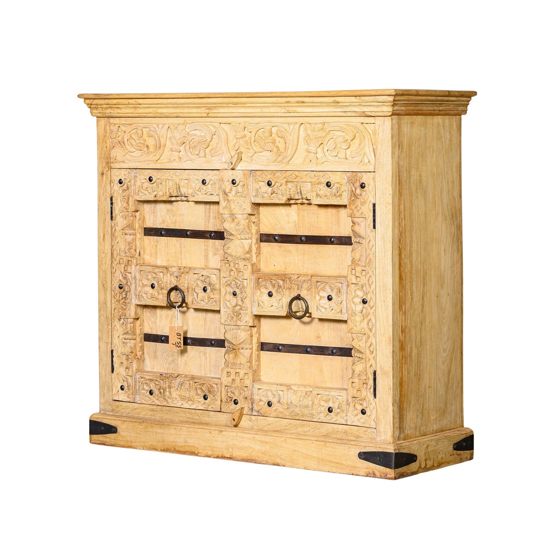 Mango Wood 2-door Carved Indian Dresser With Brass and Floral - Etsy