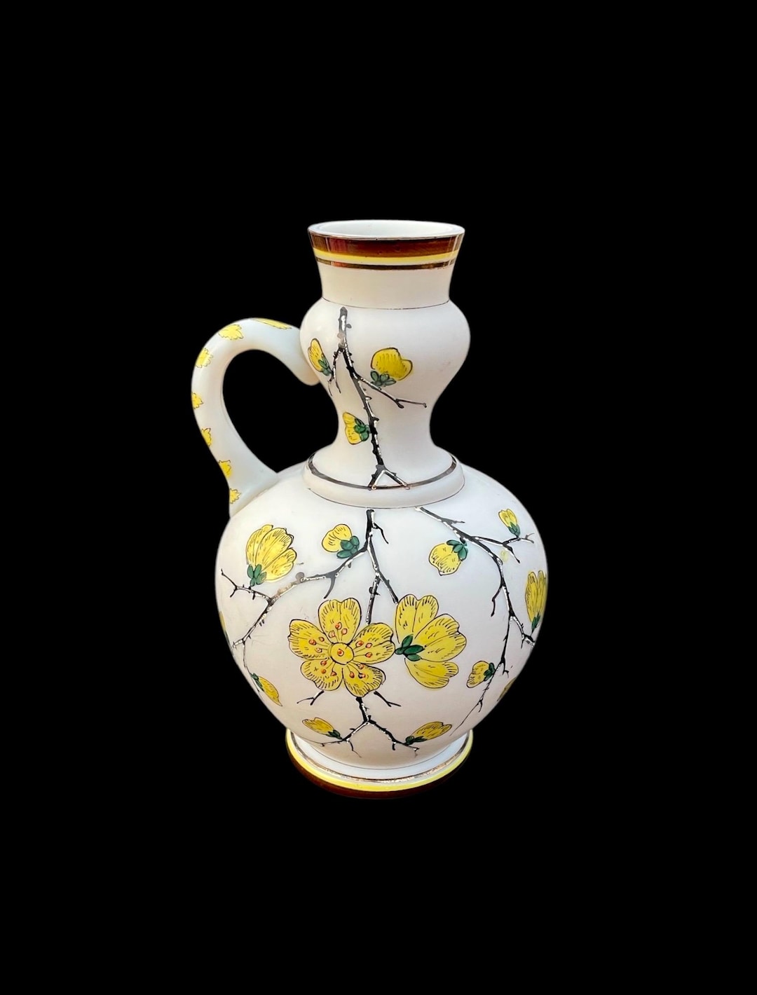 Beautiful Bristol Glass Bottle or Jug With Hand-painted Yellow Japanese ...