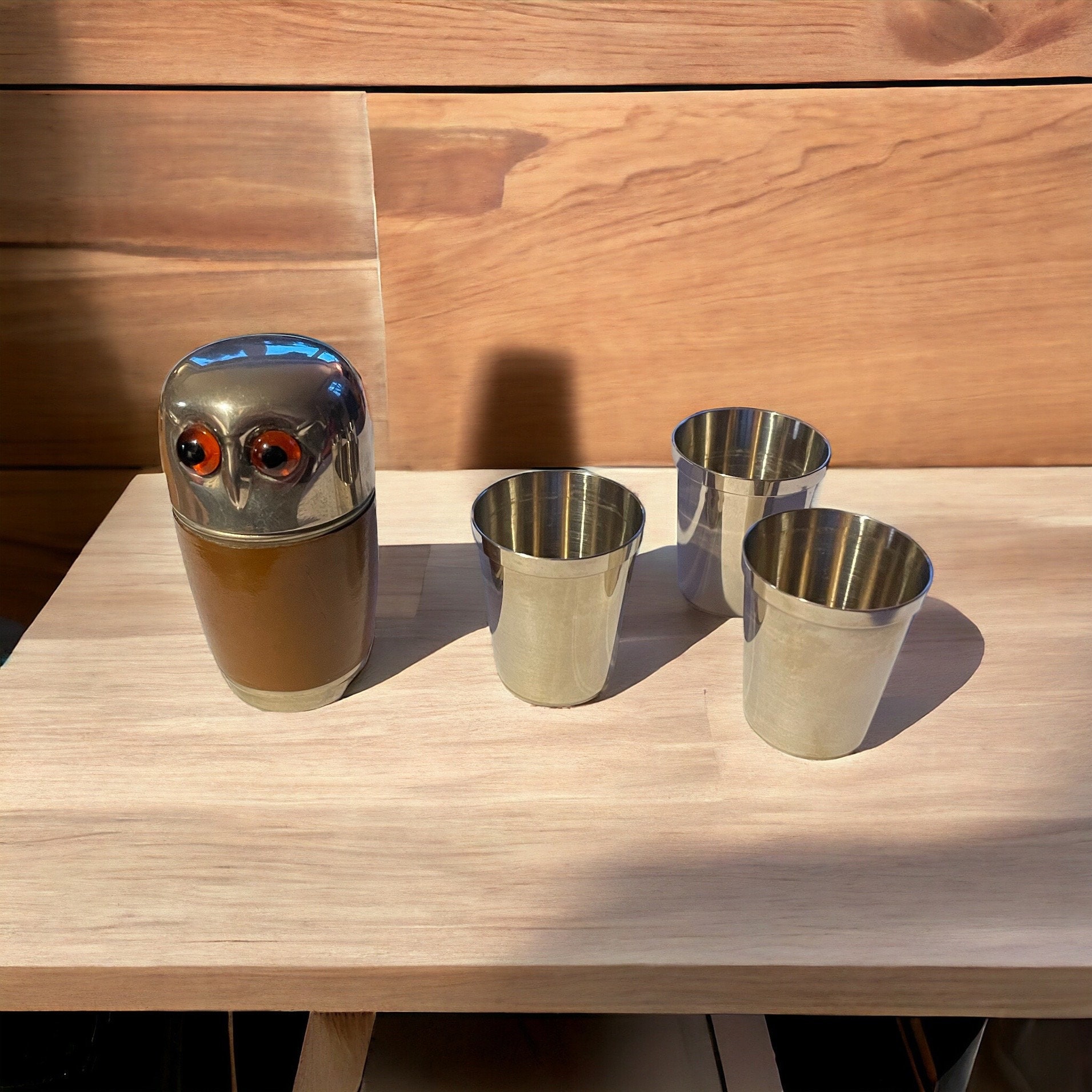 Mid-century MCM German Metal and Leather Owl Shot Glass Holder With 3 ...