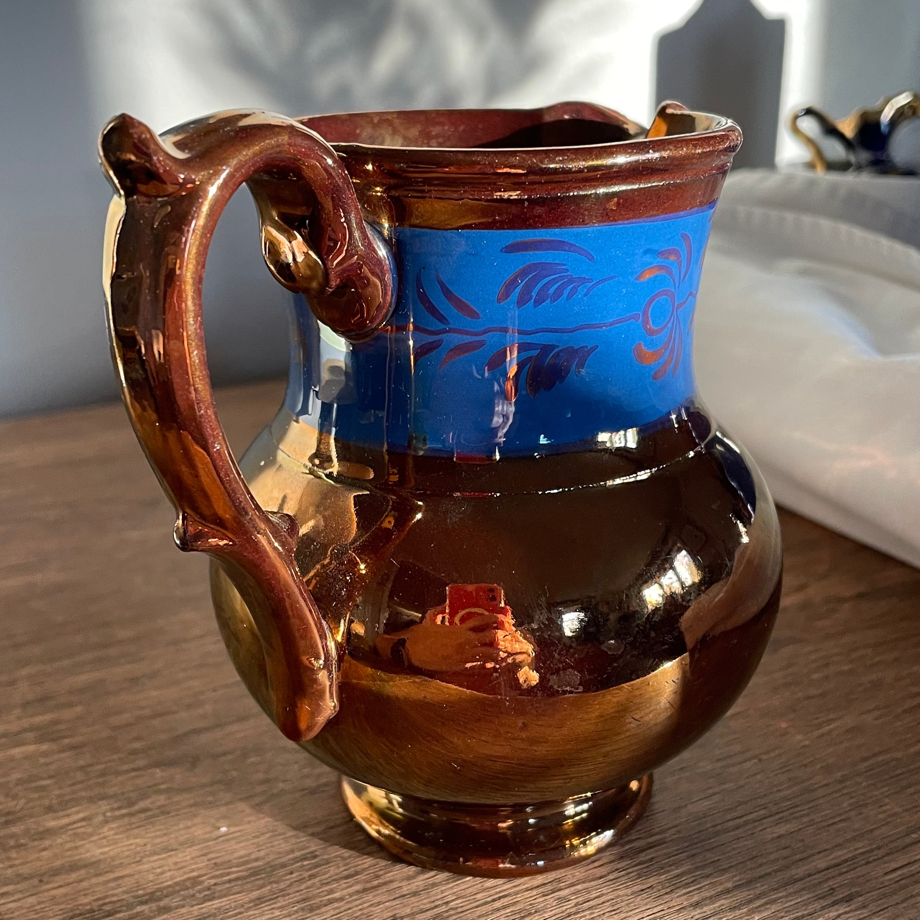 English Victorian-era Copper Lustreware Pitcher With Blue Band - Etsy
