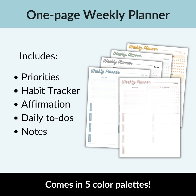 Weekly Planner Printable - One-page, Daily Tasks, Habit Tracker ...