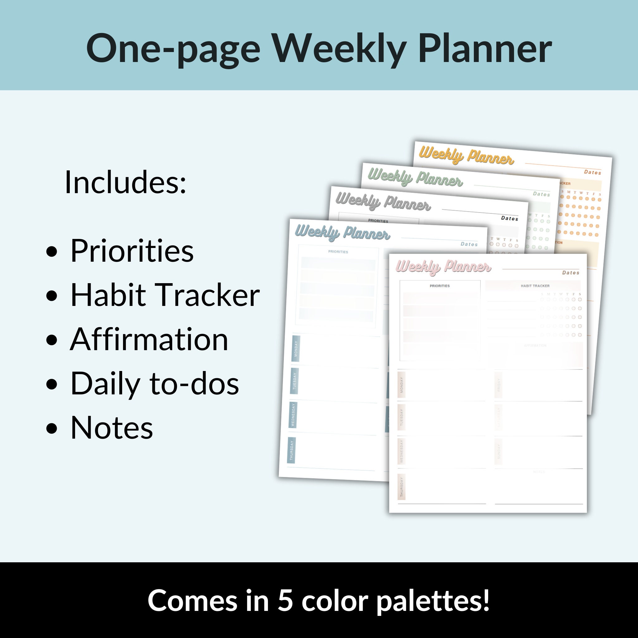 Weekly Planner Printable One-page, Daily Tasks, Habit Tracker ...