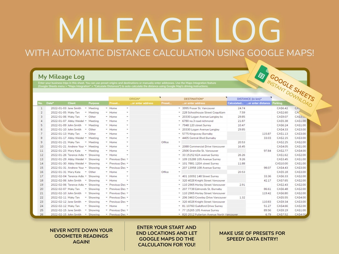 Mileage Tracker Spreadsheet, Automatic Google Maps Distance Calculation, Parking and Toll ...