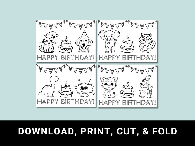 Printable Happy Birthday Coloring Cards: Cat & Dog Designs (PDF) - Etsy