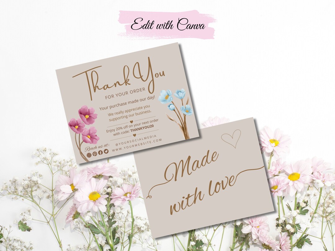 Floral Thank You Card Template: Editable Business Insert (canva) - Etsy ...